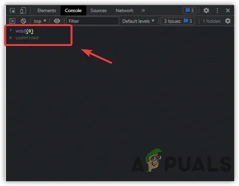 Executando Void(0) no console' title='O que é Javascript:void(0) e como usá-lo?
