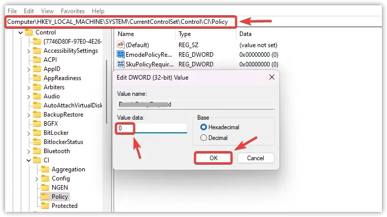 Editor do Registro do Windows mostrando o caminho CIPolicy com a ...